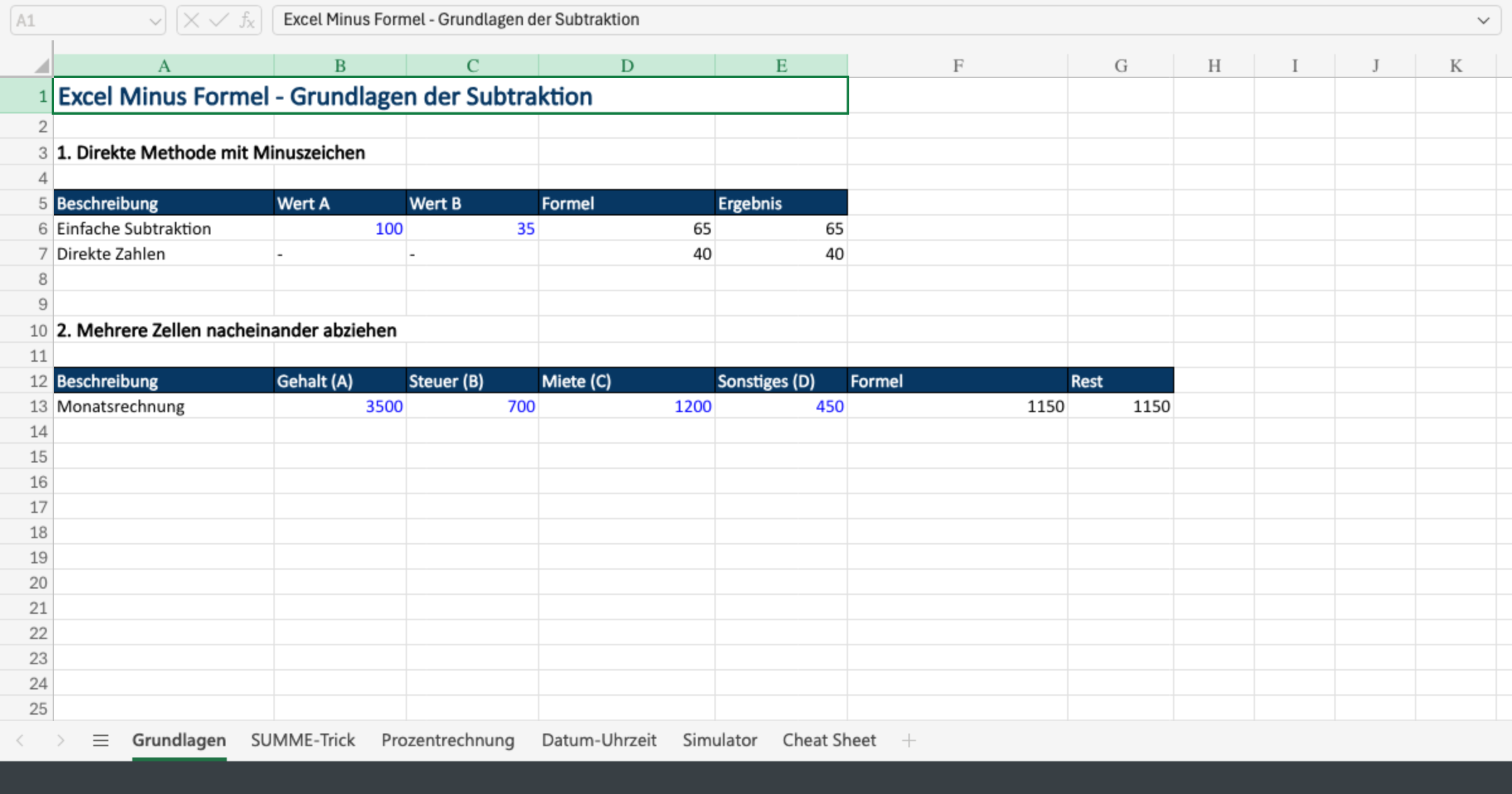 Excel Minus Formel: Zellen, Daten & Prozente subtrahieren - WHK Controlling